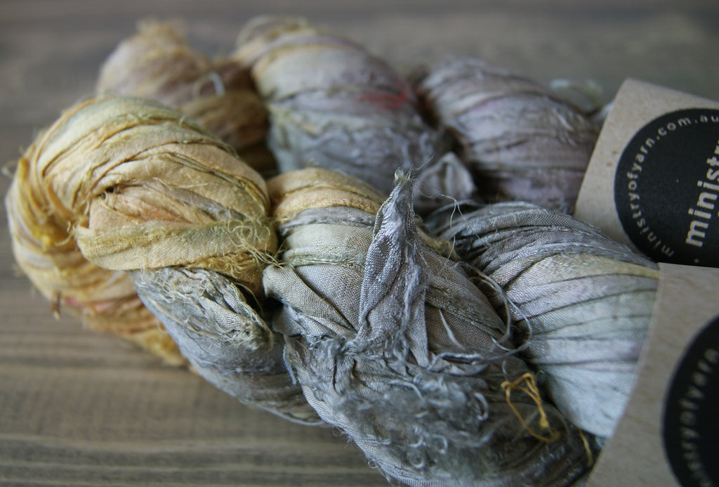 Gentle Yellow Grey Recycled Sari Silk Ribbon Yarn – Ministry of Yarn